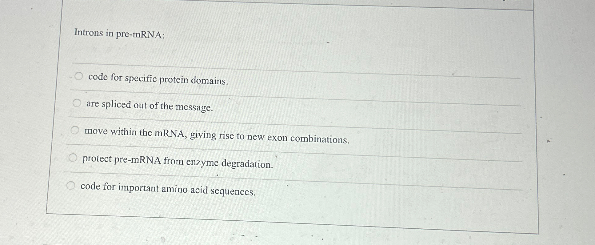 Solved Introns in pre-mRNA:code for specific protein | Chegg.com