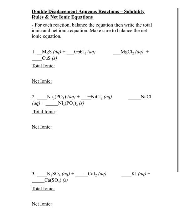 Solved Double Displacement Aqueous Reactions - Solubility | Chegg.com