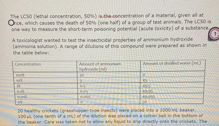 Solved a The LC50 (lethal concentration, 50%) is the | Chegg.com