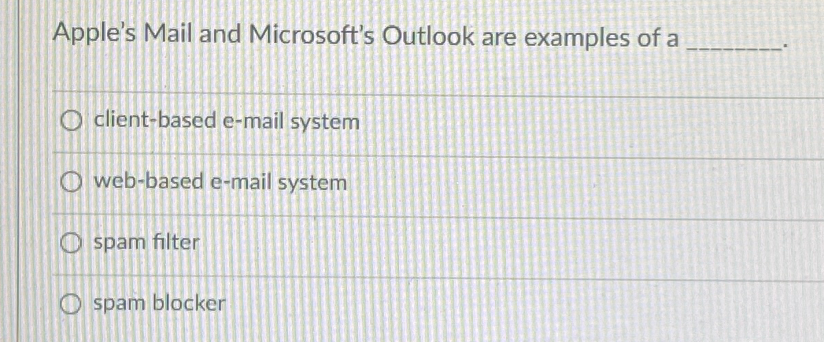 Solved Apple's Mail and Microsoft's Outlook are examples of | Chegg.com