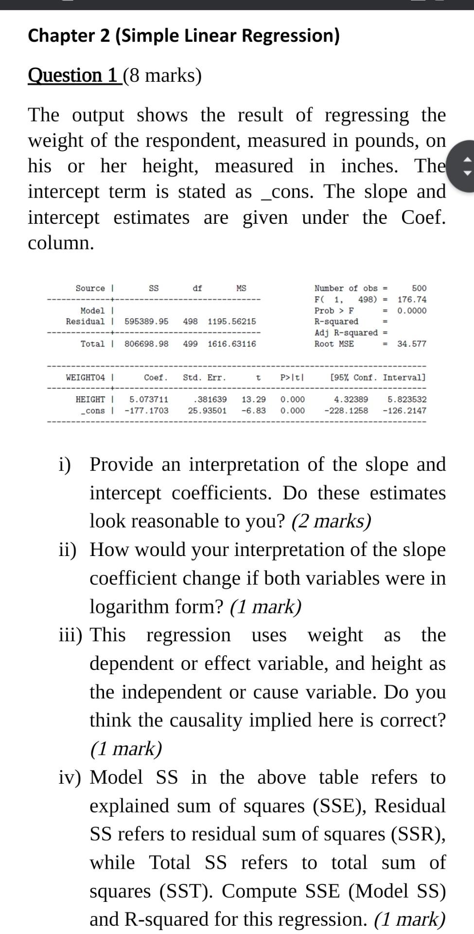 Solved Chapter 2 (Simple Linear Regression) Question 1 (8 | Chegg.com