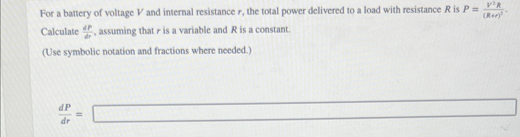Solved For a battery of voltage V ﻿and internal resistance | Chegg.com