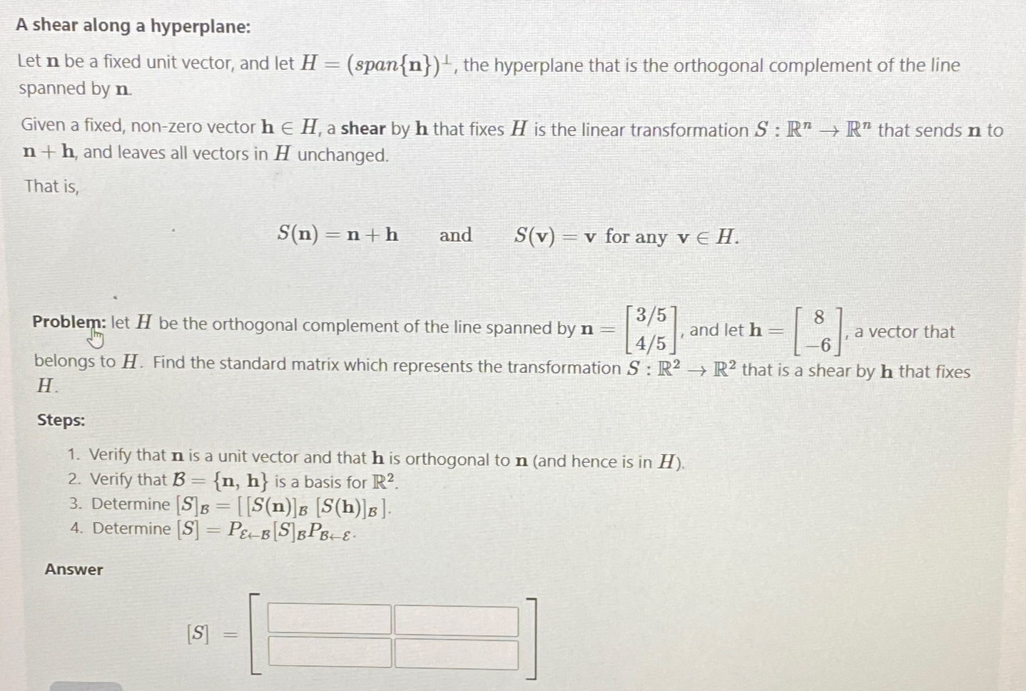 Solved A shear along a hyperplane:Let n ﻿be a fixed unit | Chegg.com