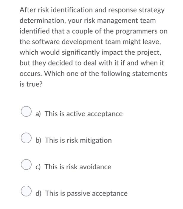 Solved After risk identification and response strategy | Chegg.com
