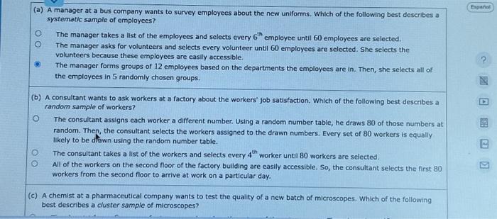 Solved (a) A manager at a bus company wants to survey | Chegg.com