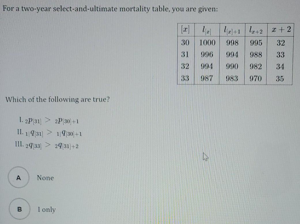 Solved For a two-year select-and-ultimate mortality table, | Chegg.com