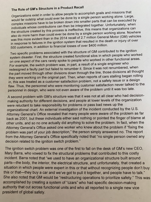 Solved The Role of GM's Structure in a Product Recall | Chegg.com