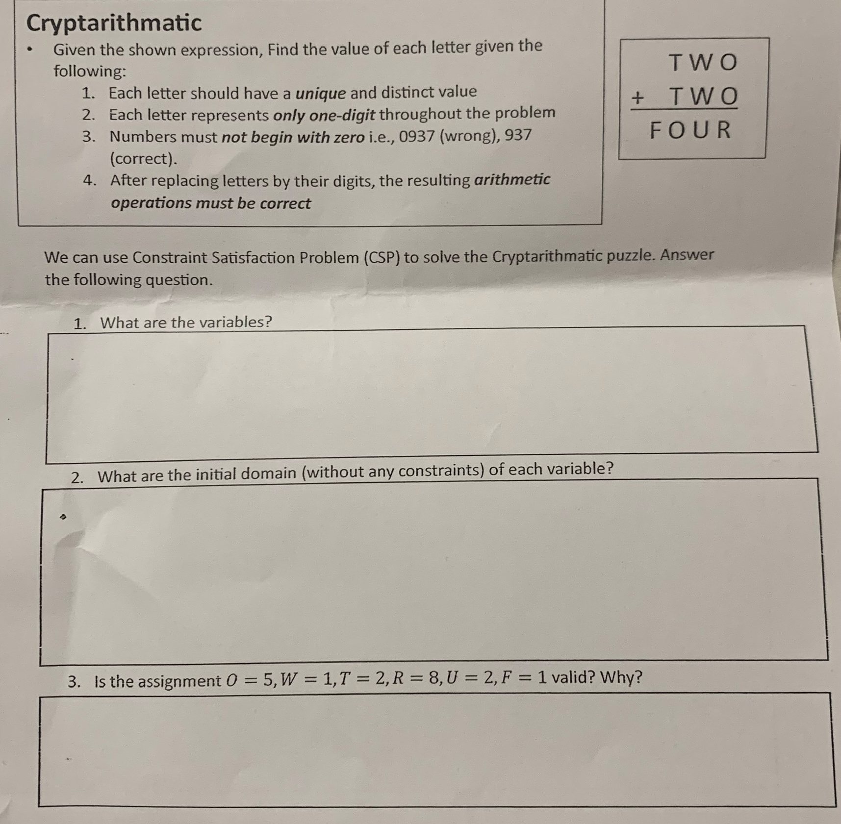 Solved CryptarithmaticGiven the shown expression, Find the | Chegg.com