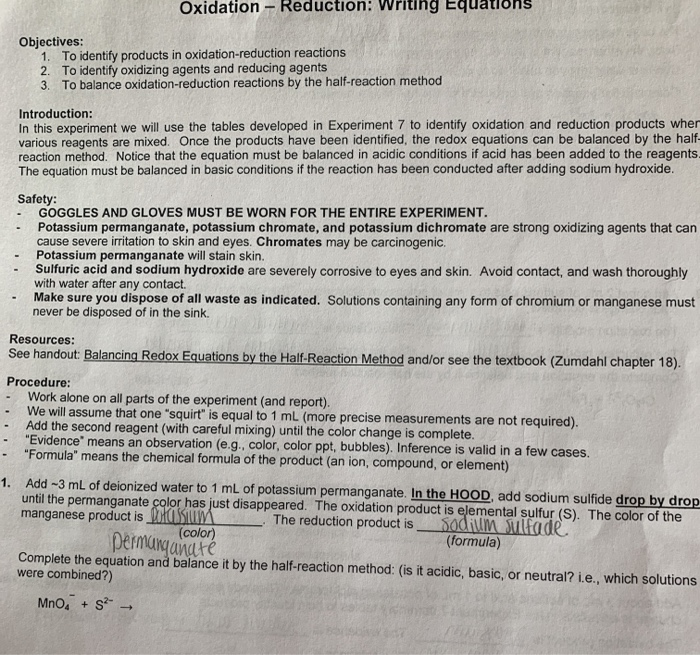 Solved Oxidation - Reduction: Writing Equations Objectives: | Chegg.com