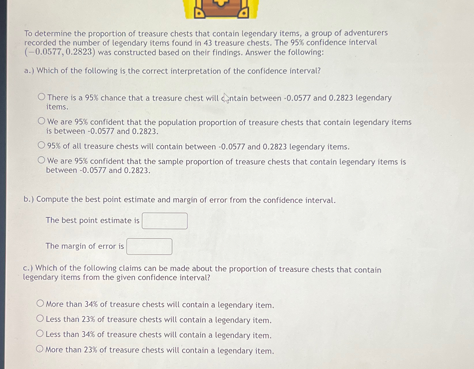 Solved To determine the proportion of treasure chests that | Chegg.com