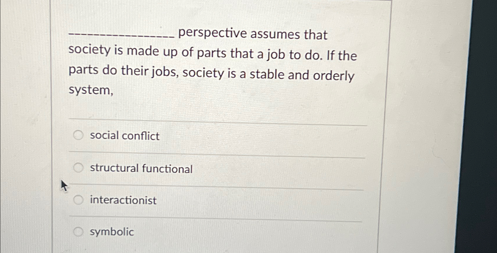 Solved perspective assumes that society is made up of parts | Chegg.com