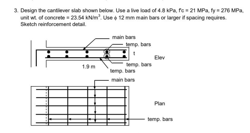 Solved 3. Design the cantilever slab shown below. Use a live | Chegg.com