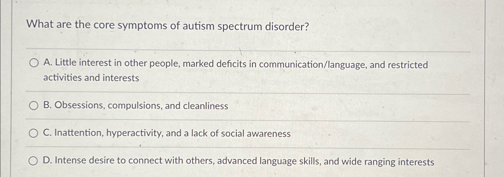 Solved What are the core symptoms of autism spectrum | Chegg.com