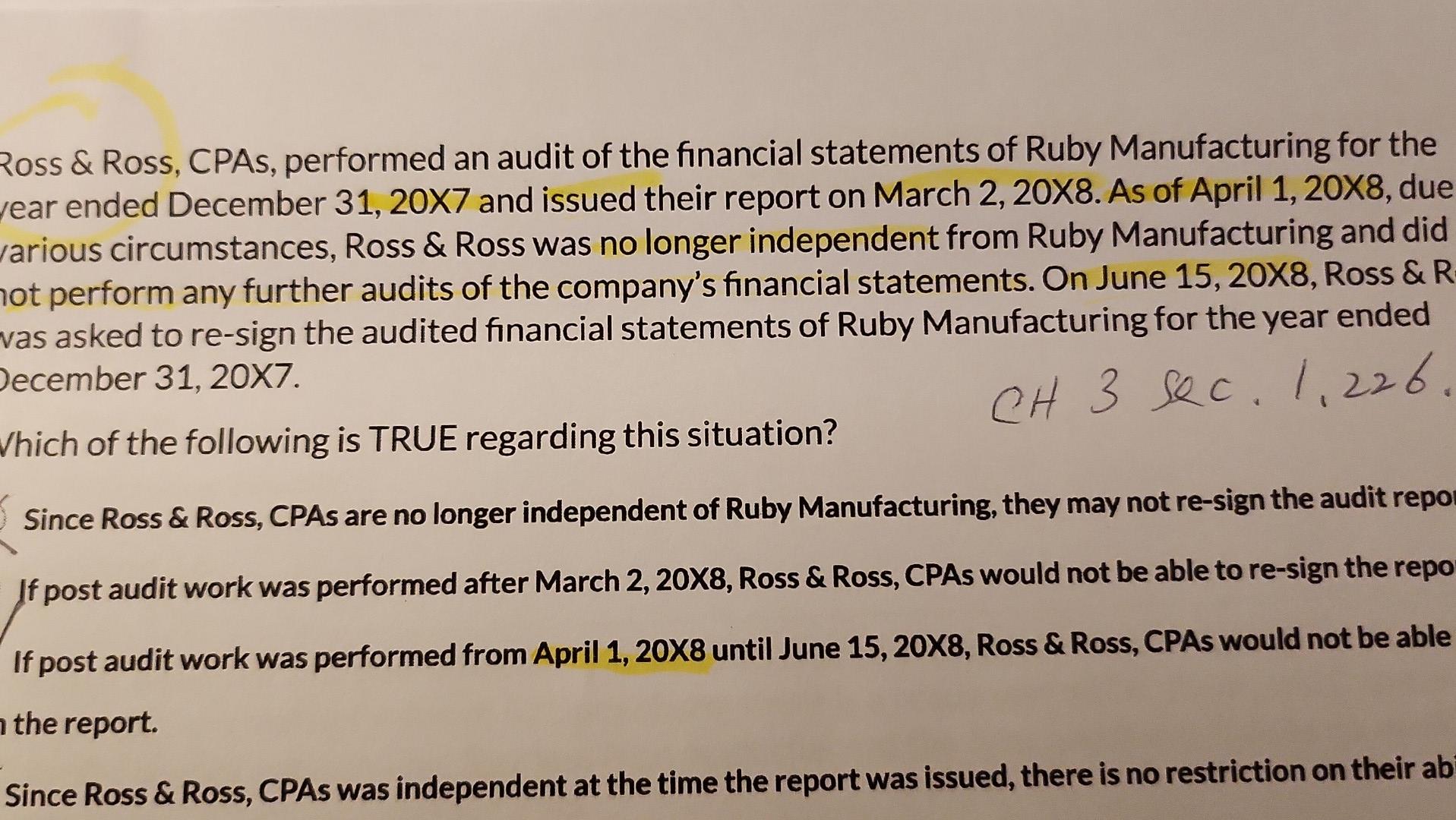 Solved Ross \& Ross, CPAs, performed an audit of the | Chegg.com
