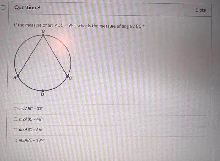 Solved If the measure of arc ADC is 92∘, what is the measure | Chegg.com