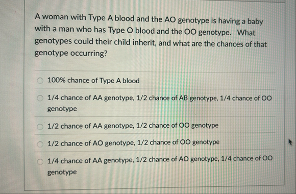 Solved A woman with Type A blood and the AO genotype is | Chegg.com