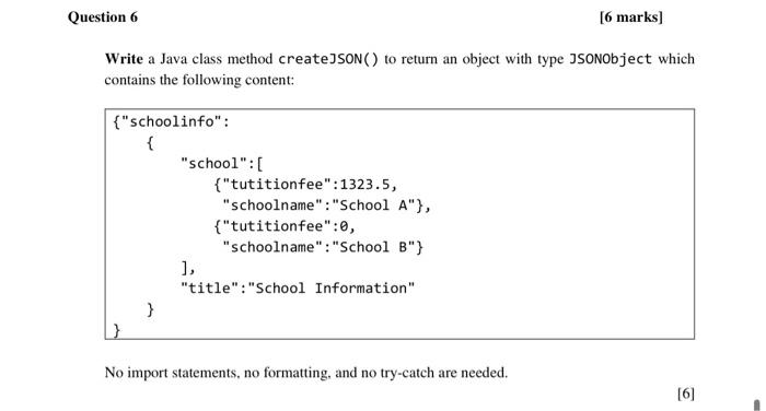 Solved Question 6 [6 marks) Write a Java class method | Chegg.com