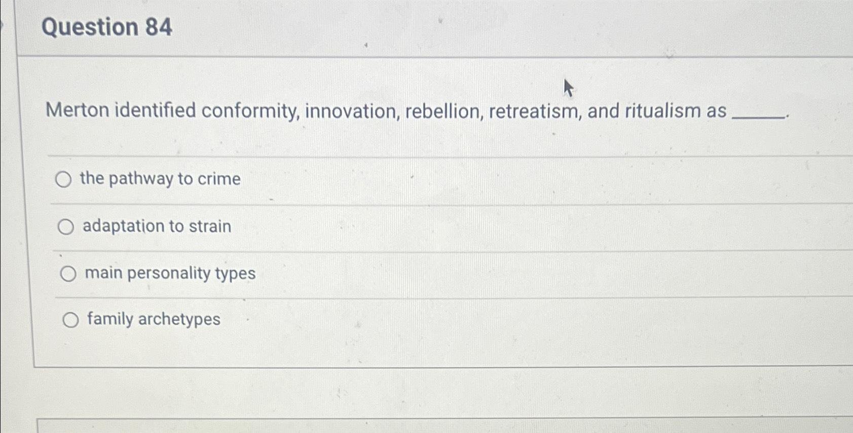 Solved Question 84Merton identified conformity, innovation, | Chegg.com
