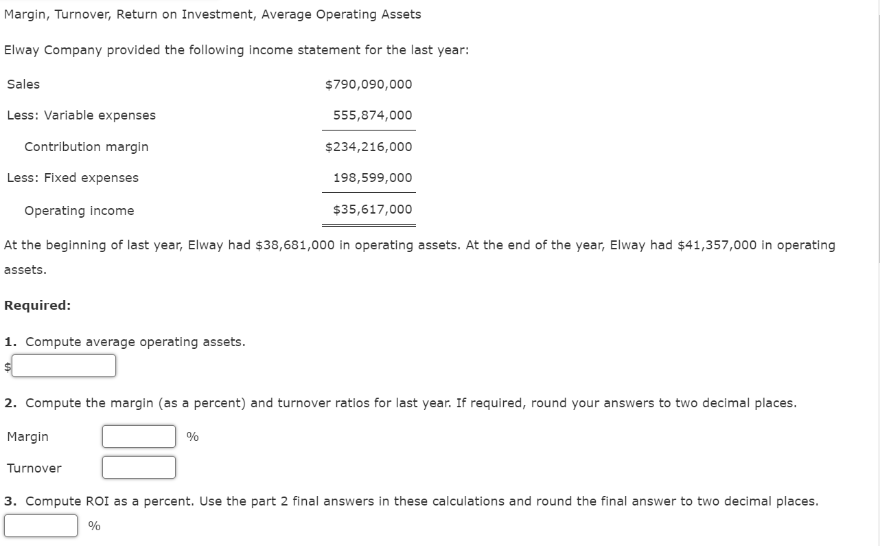 Solved Margin, Turnover, Return on Investment, Average | Chegg.com