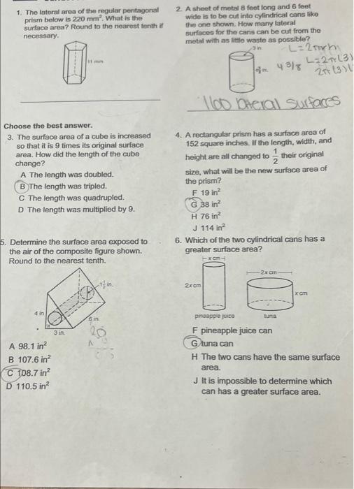 Solved 1. The lateral area of the regular pentagonal prism | Chegg.com