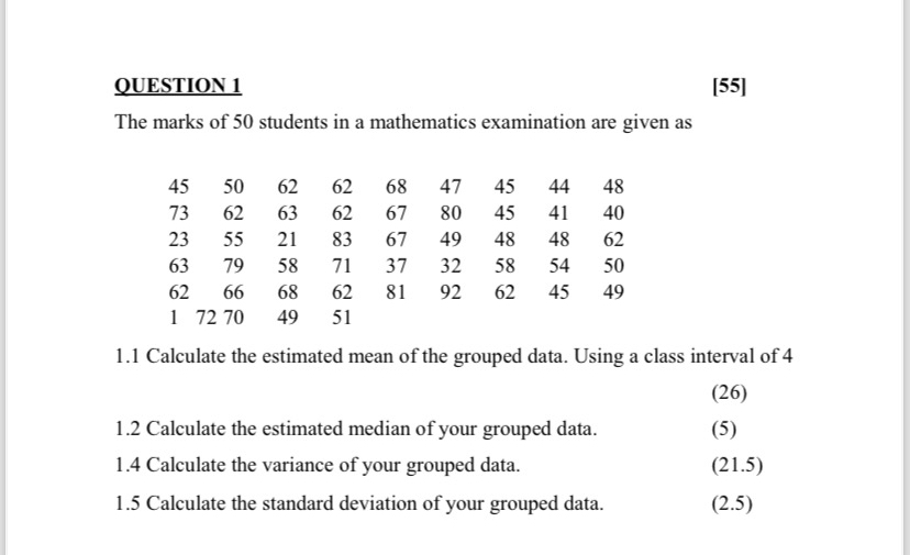 Solved OUESTION 155The marks of 50 students in a | Chegg.com Solved OUESTION 155The marks of 50 students in a | Chegg.com
