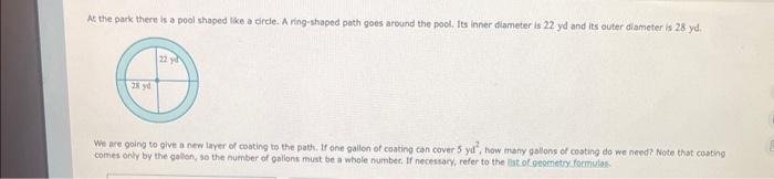 Solved At the park there is a pool shaped tike a dircie. A | Chegg.com