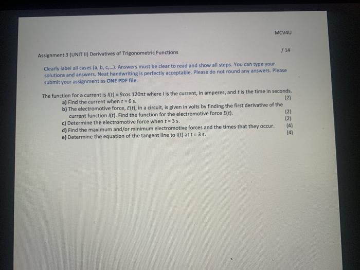 Solved MCV4U Assignment 3 (UNIT II) Derivatives of | Chegg.com