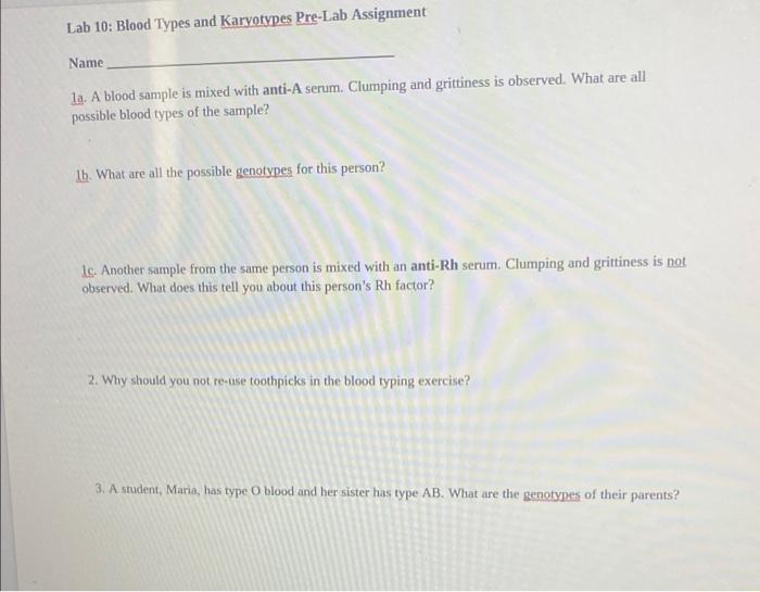 Solved Lab 10: Blood Types and Karyotypes Pre-Lab Assignment | Chegg.com
