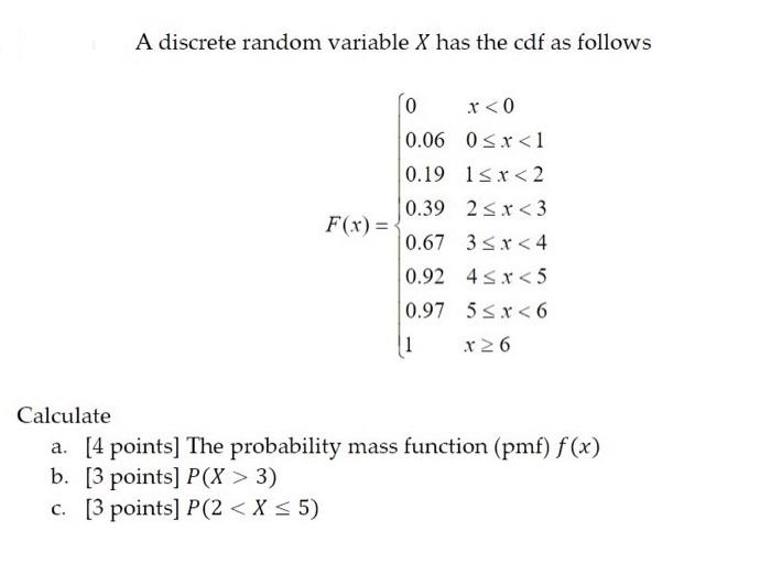 Solved A discrete random variable X has the cdf as follows 0 | Chegg.com
