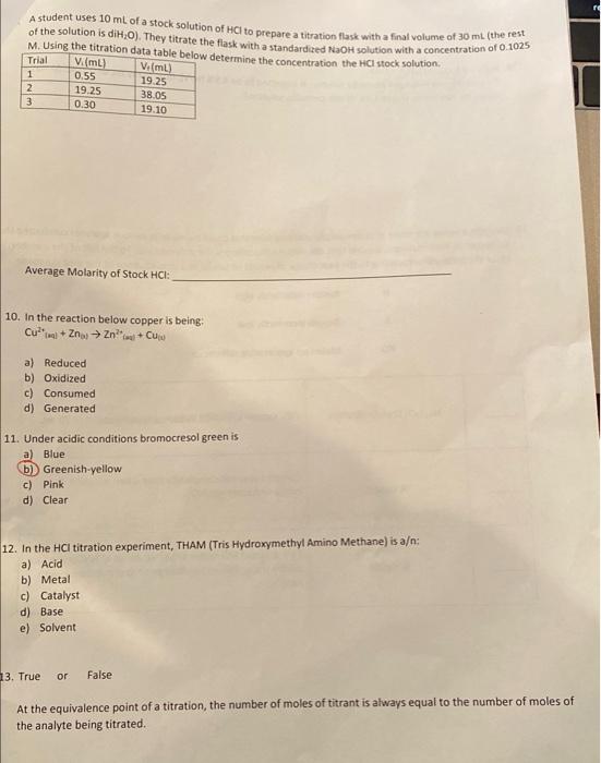 Solved A student uses 10 mL of a stock solution of HCl to | Chegg.com