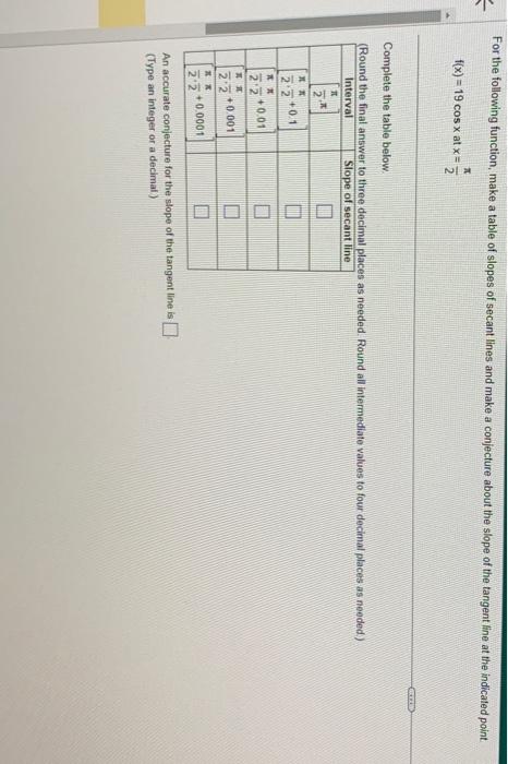 Solved For the following function, make a table of slopes of | Chegg.com