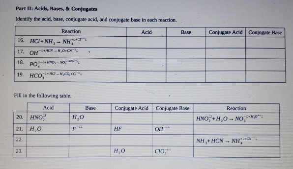 Solved Part II: Acids, Bases, & Conjugates Identify the | Chegg.com