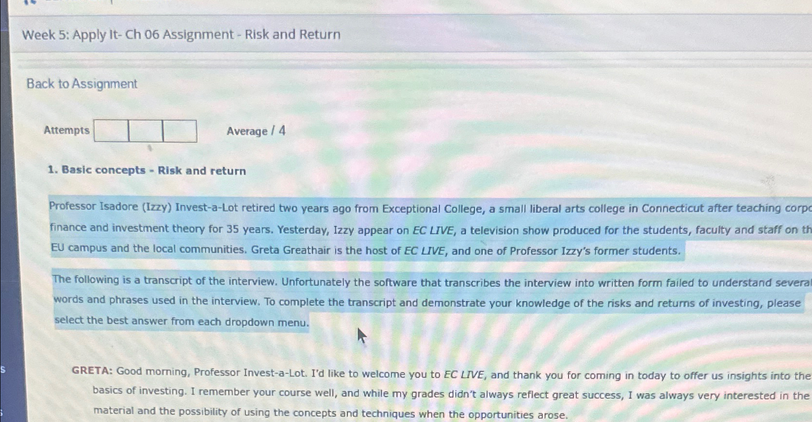 Solved Week 5: Apply It- ﻿Ch 06 ﻿Assignment - ﻿Risk and | Chegg.com