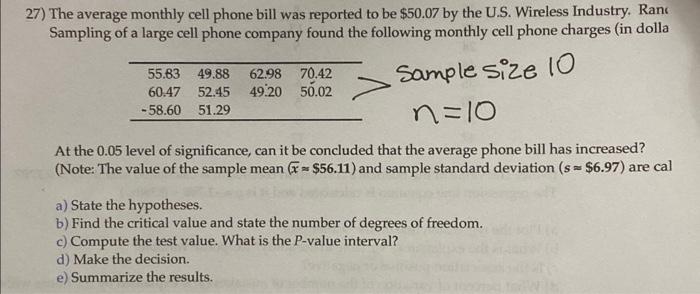 Solved 7) The average monthly cell phone bill was reported | Chegg.com