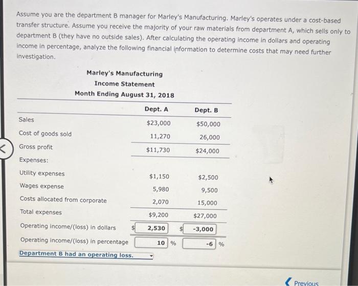 Solved Assume you are the department B manager for Marley's | Chegg.com