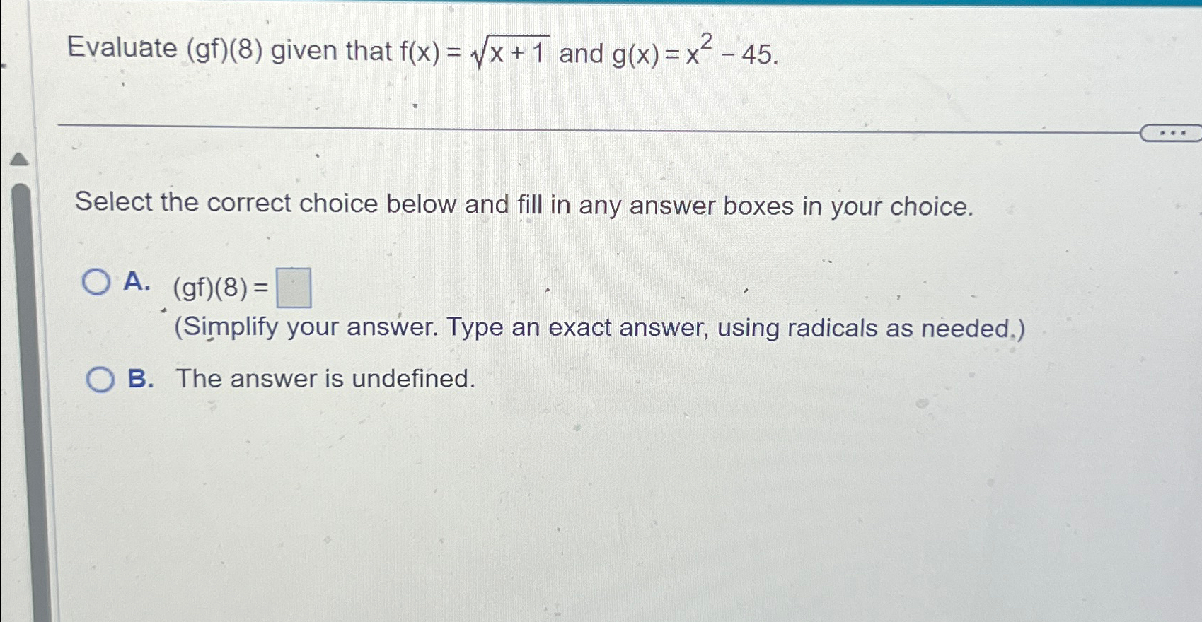 Solved Evaluate (gf)(8) ﻿given that f(x)=x+12 ﻿and | Chegg.com