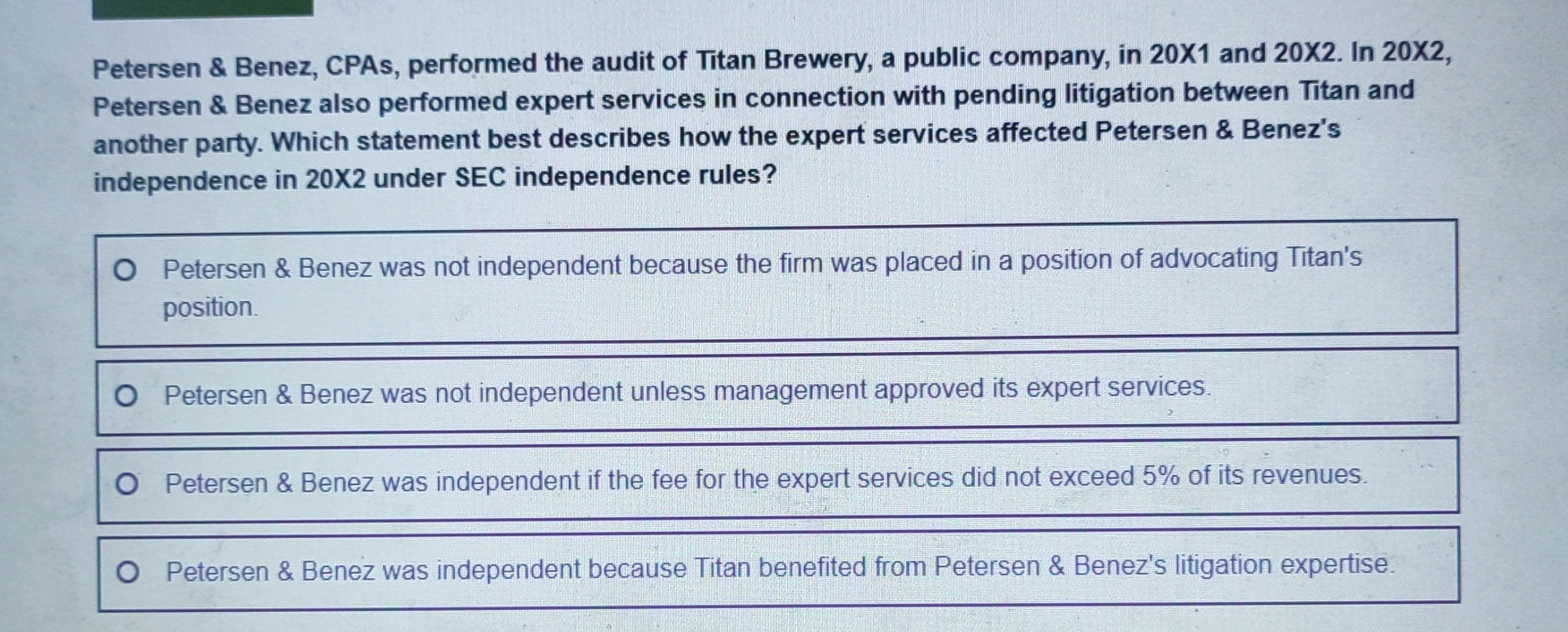 Solved Petersen & Benez, CPAs, performed the audit of Titan | Chegg.com