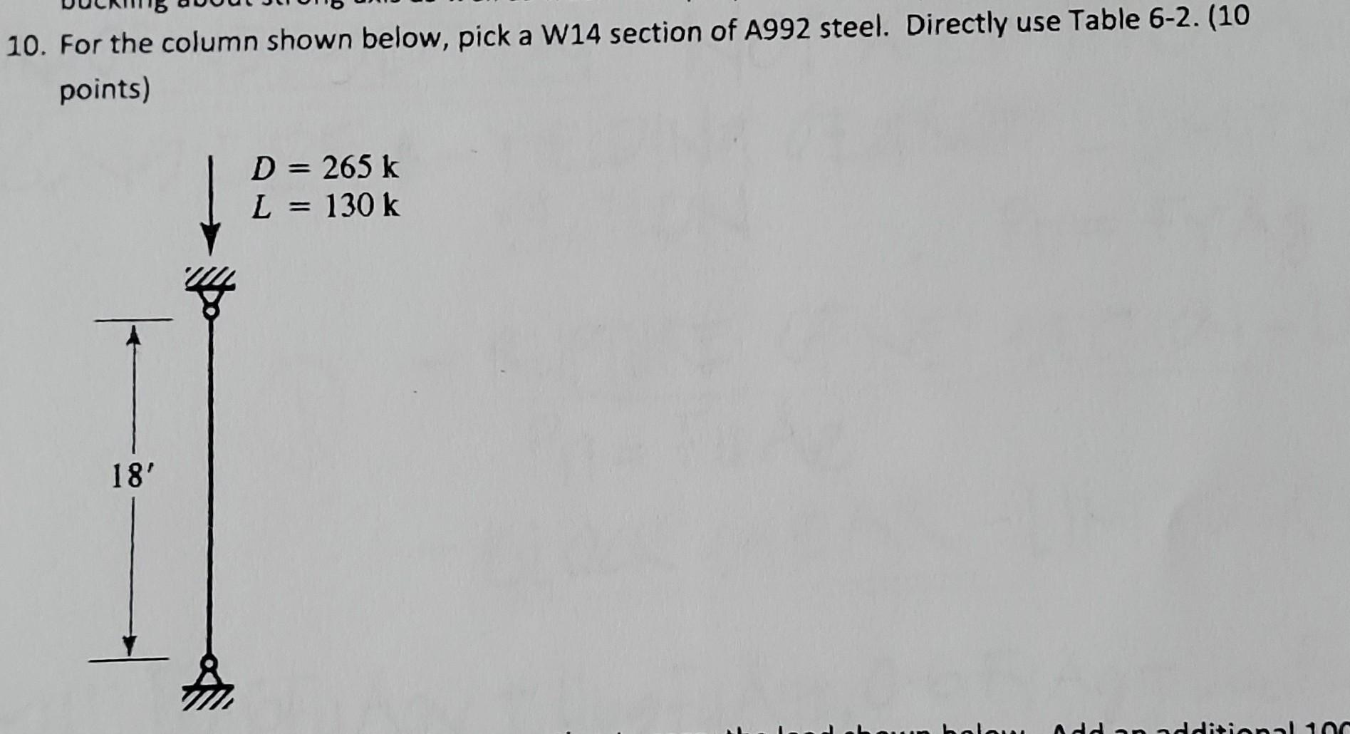 Solved 10. For the column shown below, pick a W14 section of | Chegg.com