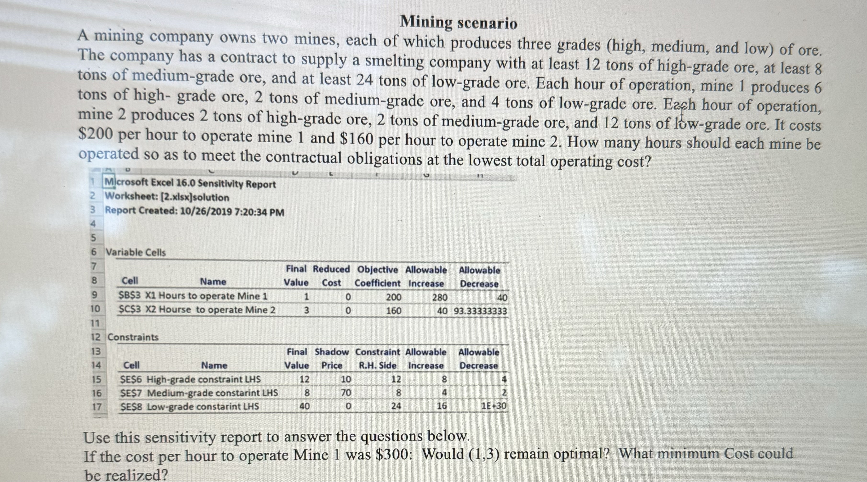 Solved Mining scenarioA mining company owns two mines, each | Chegg.com
