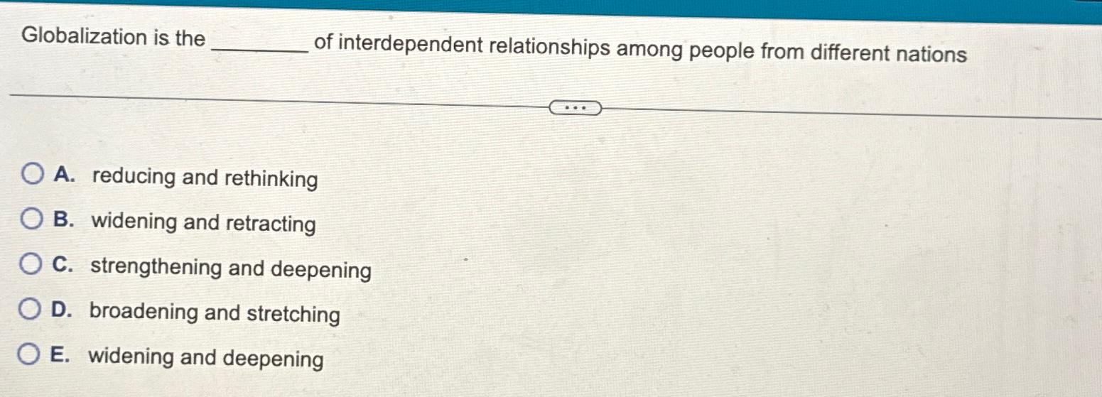 Solved Globalization is the of interdependent relationships | Chegg.com