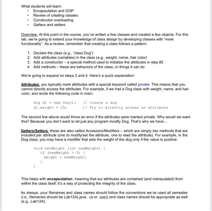 Solved What students will learn: • Encapsulation and OOP • | Chegg.com