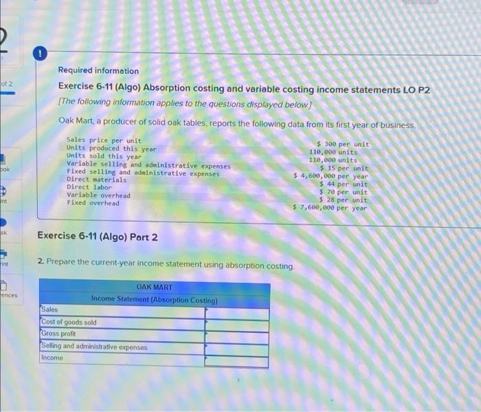Solved Required information Exercise 6-11 (Algo) Absorption | Chegg.com