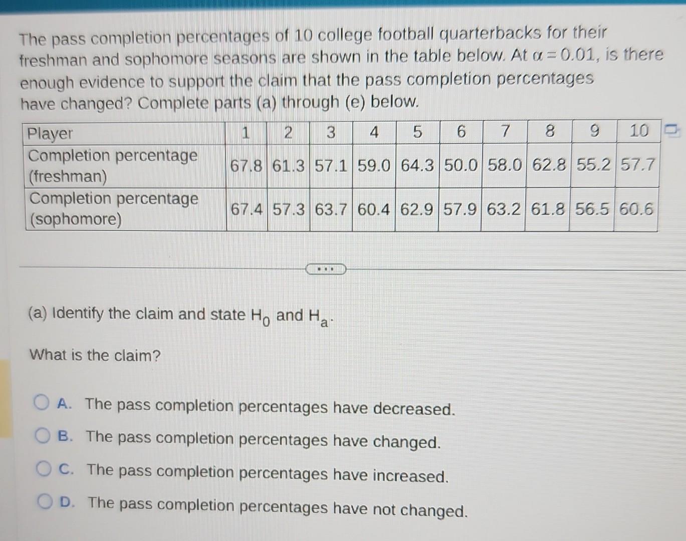 Solved The pass completion percentages of 10 college | Chegg.com