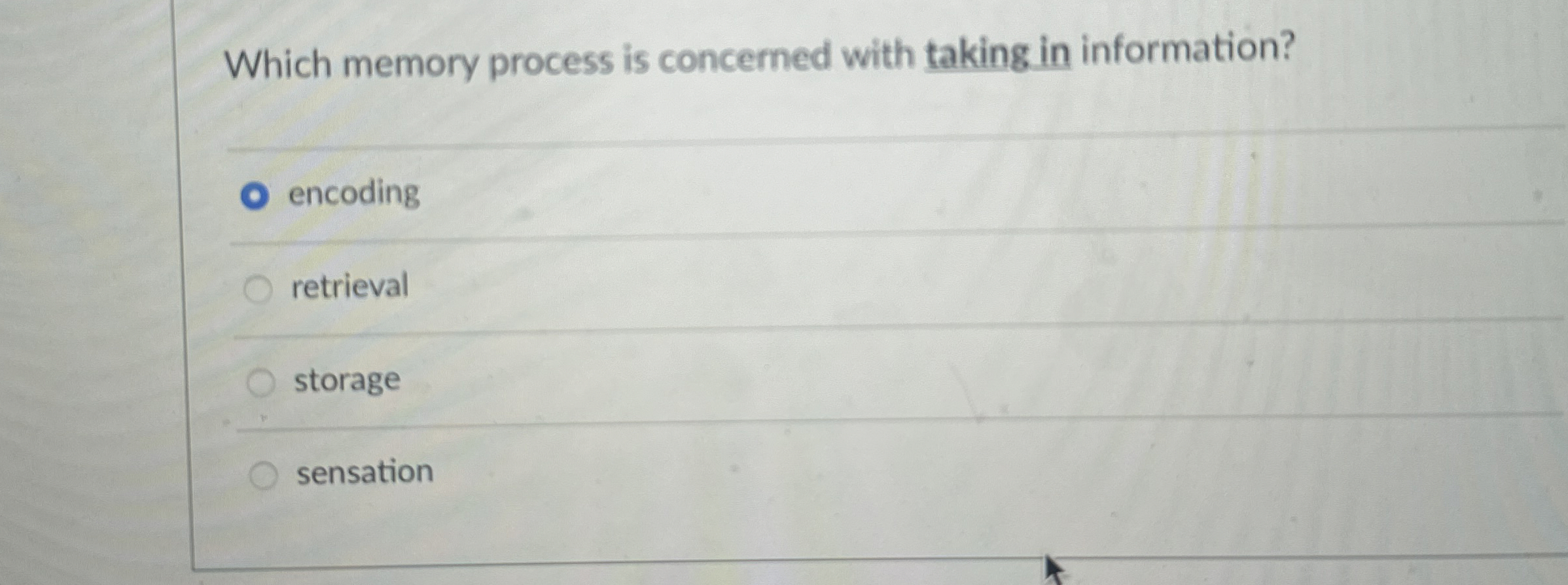 Solved Which memory process is concerned with taking in | Chegg.com