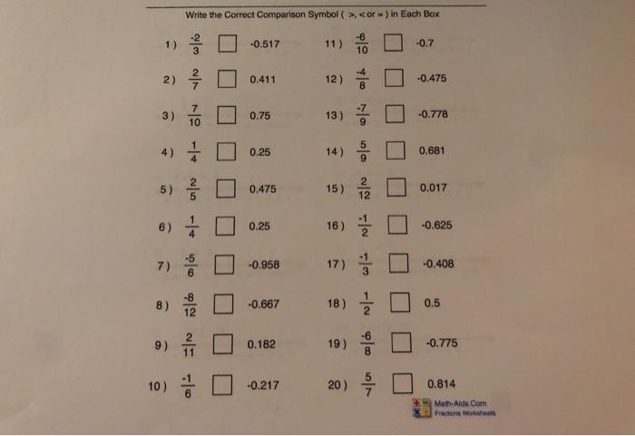 Solved Write the Correct Comparison Symbol (> | Chegg.com