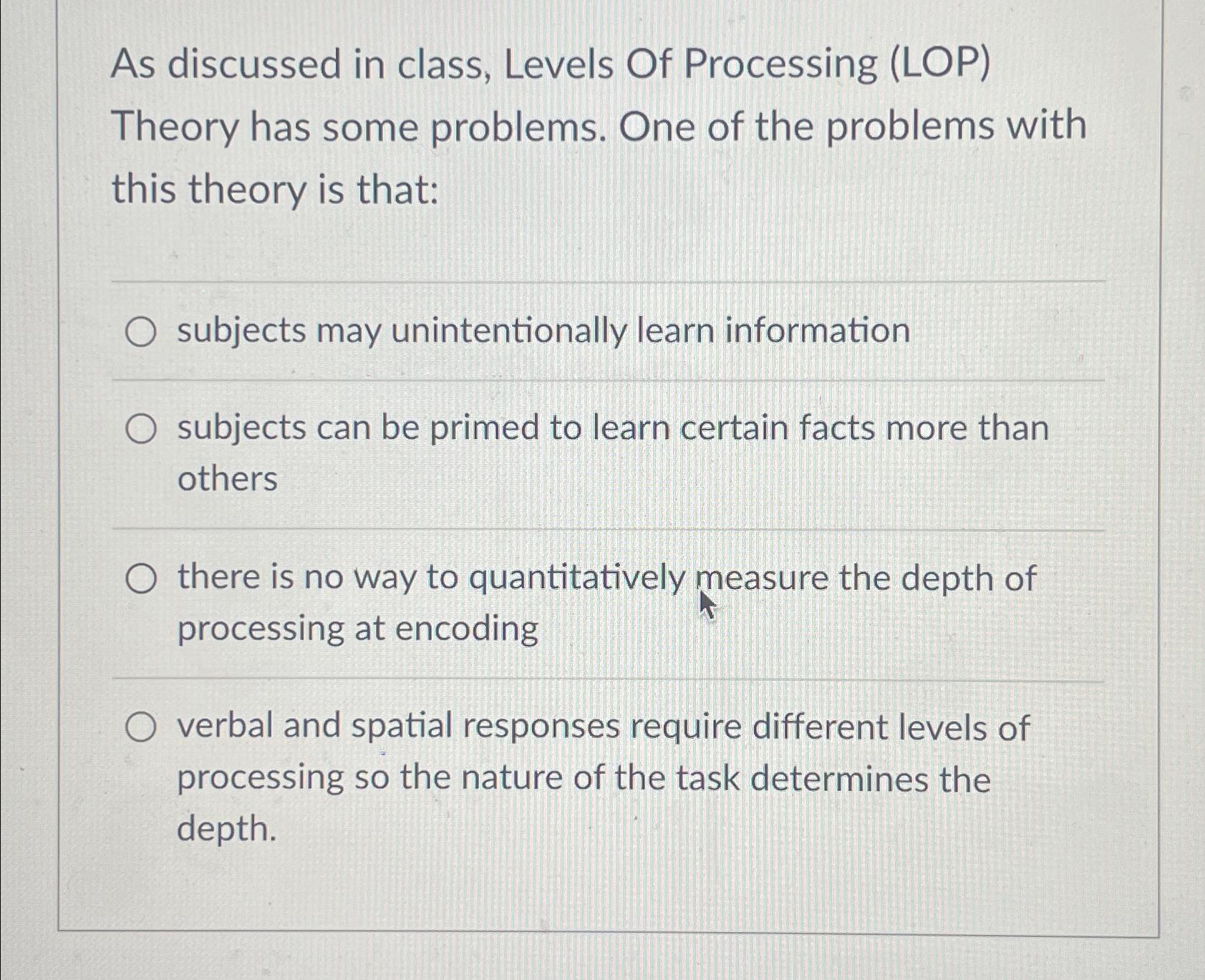 Solved As discussed in class, Levels Of Processing (LOP) | Chegg.com