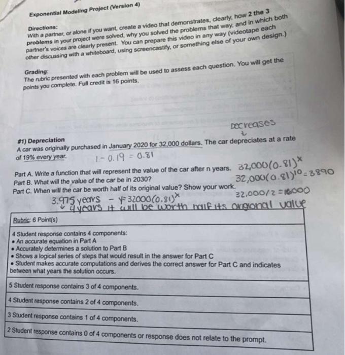 Solved Exponential Modeling Project (Version 4) Directions: | Chegg.com