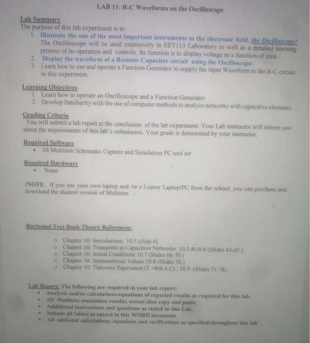 Solved LAB 11: R-C Waveforms on the Oscilloscope Lab Summary | Chegg.com