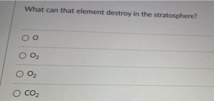 Solved What can that element destroy in the stratosphere? Oo | Chegg.com
