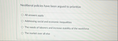 Solved Neoliberal policies have been argued to prioritizeAll | Chegg.com